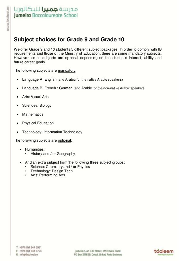 Grade 9 and 10 Subject Choices - Jumeira Baccalaureate School
