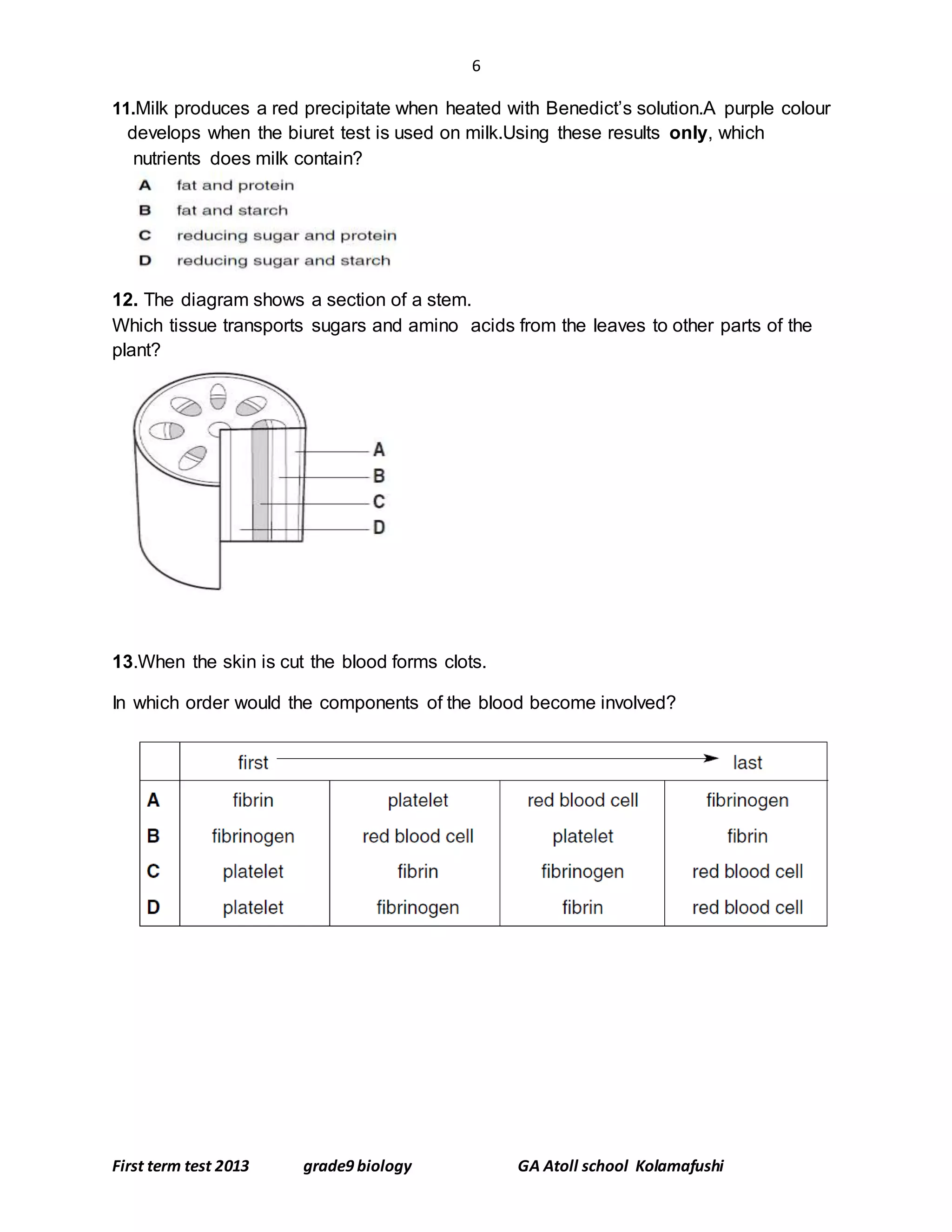 Grade 9 biology paper 1 term 1 2013 | DOCX