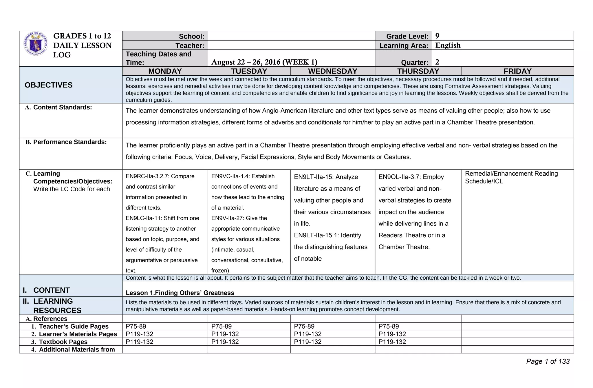 Grade 9 english dll q2 q4 | DOC