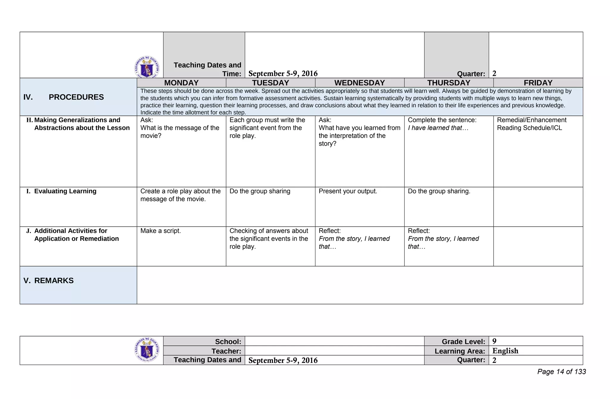 Grade 9 english dll q2 q4 | DOC