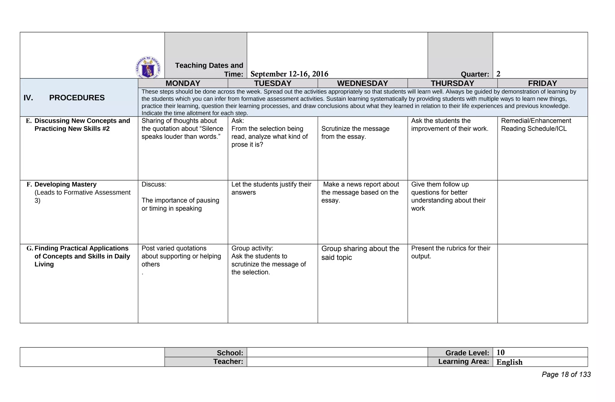 Grade 9 english dll q2 q4 | DOC