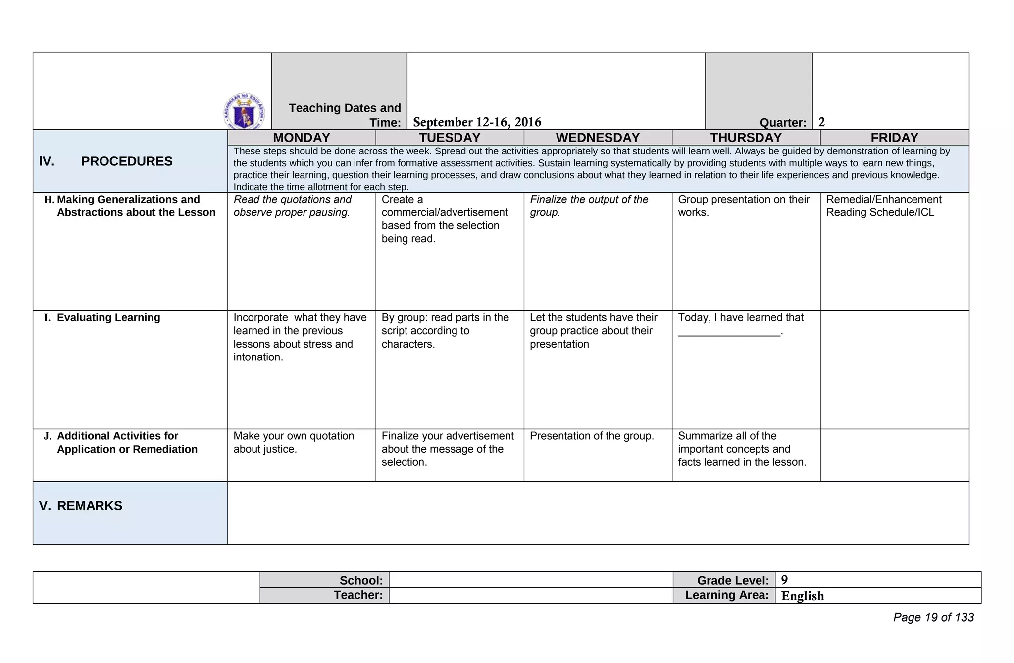 Grade 9 english dll q2 q4 | DOC