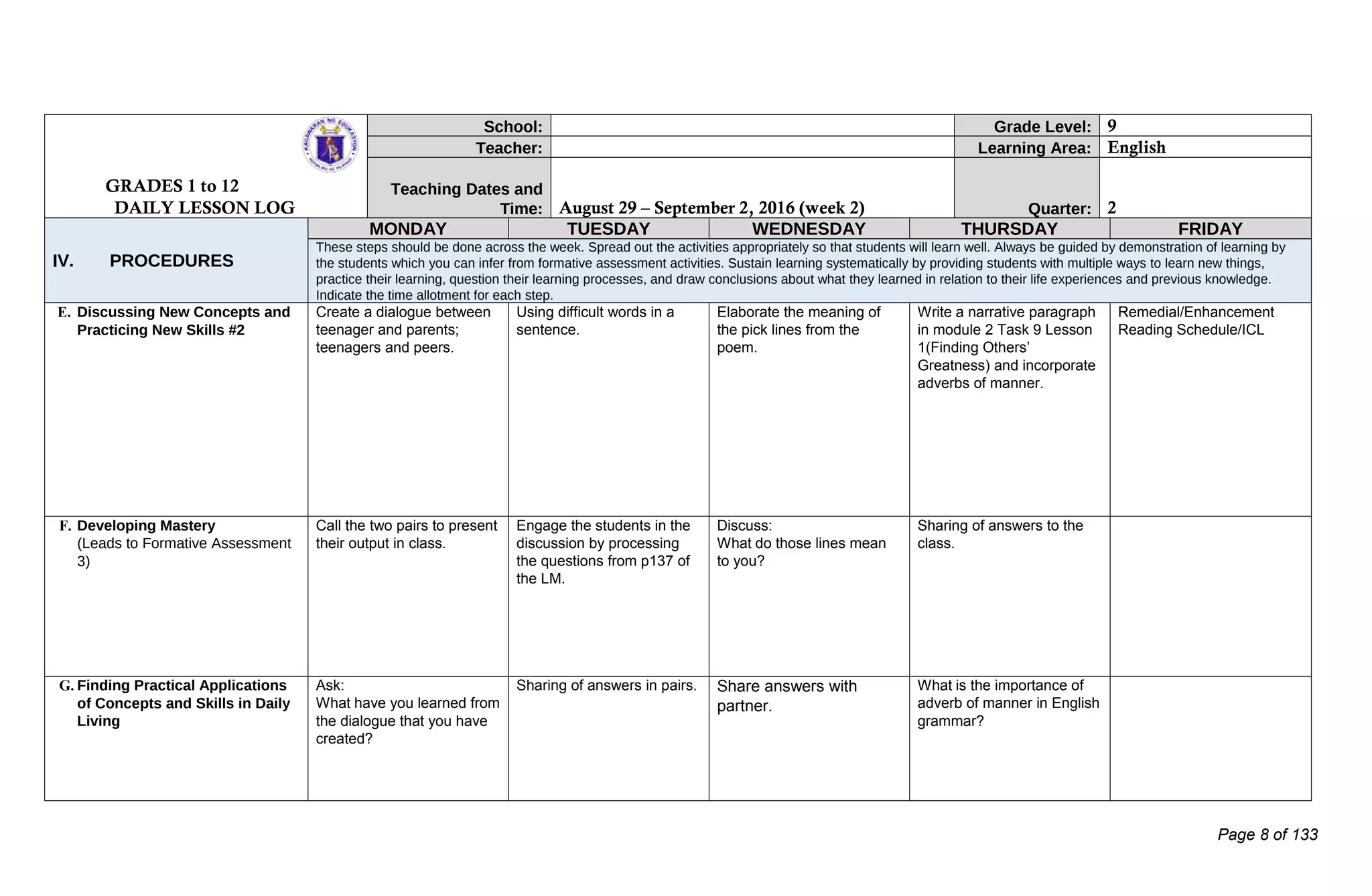 Grade 9 english dll q2 q4 | DOC