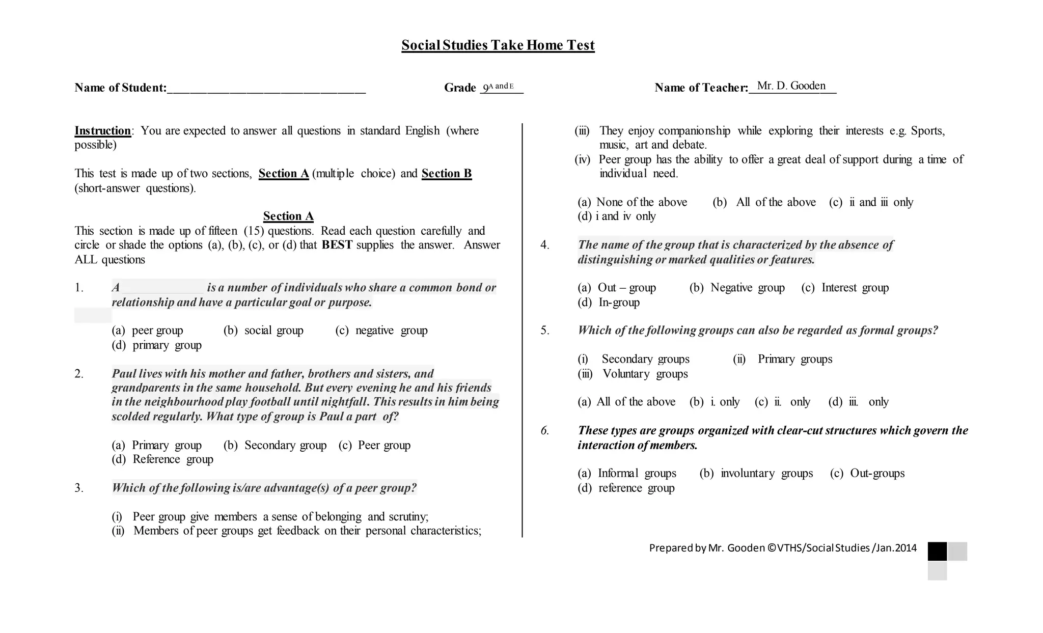Grade 9 social studies test on groups | DOCX