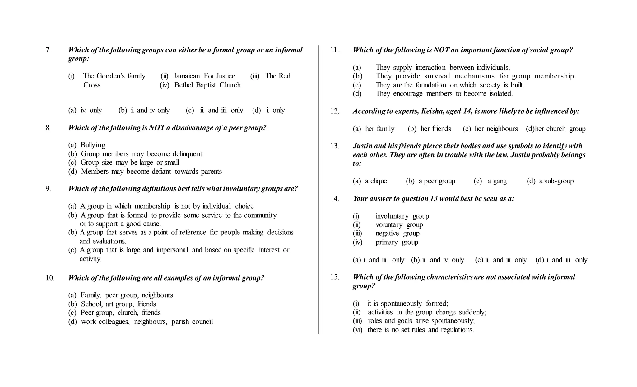Grade 9 social studies test on groups | DOCX