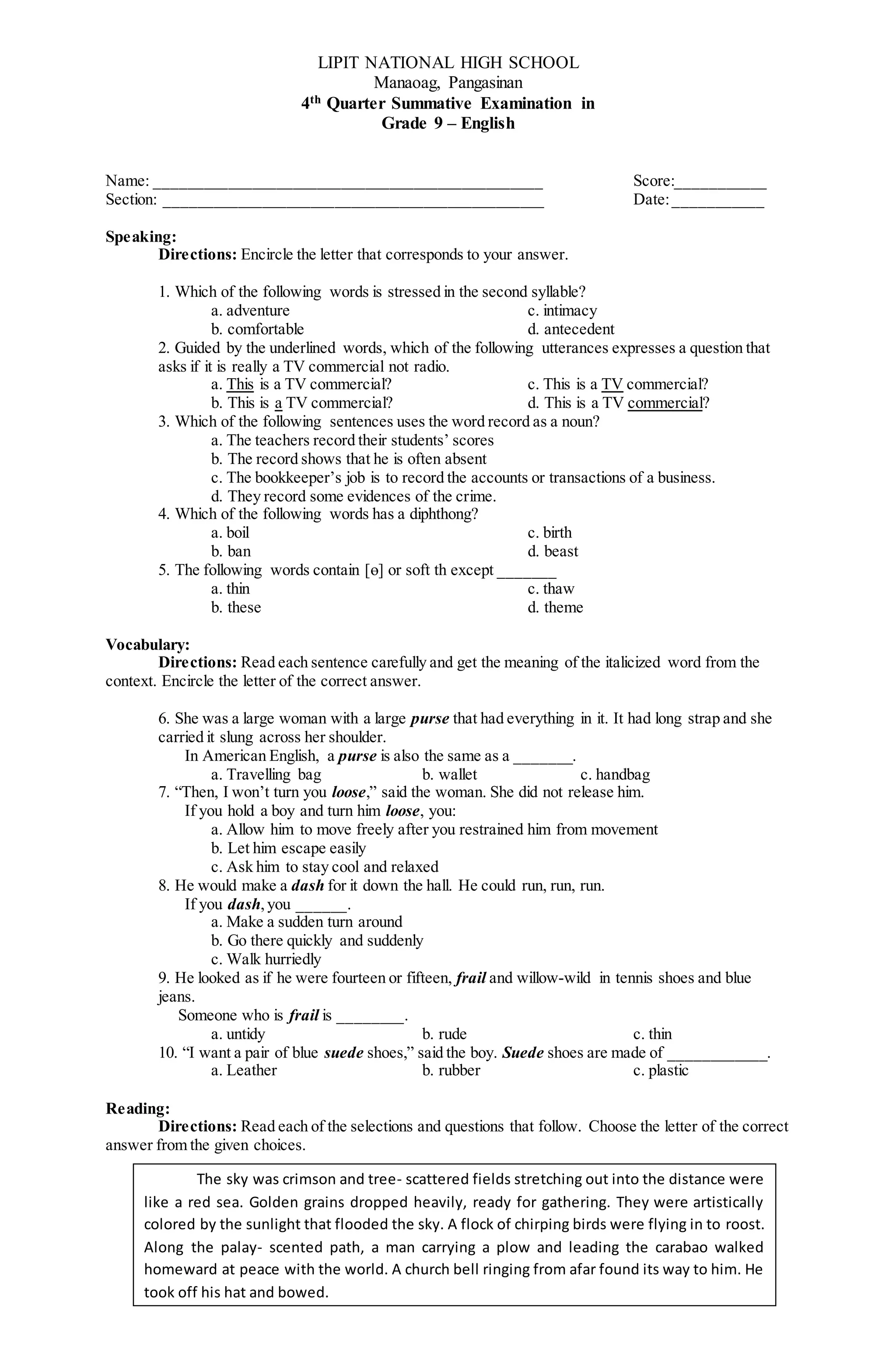 Grade9 summative 2020 | PDF