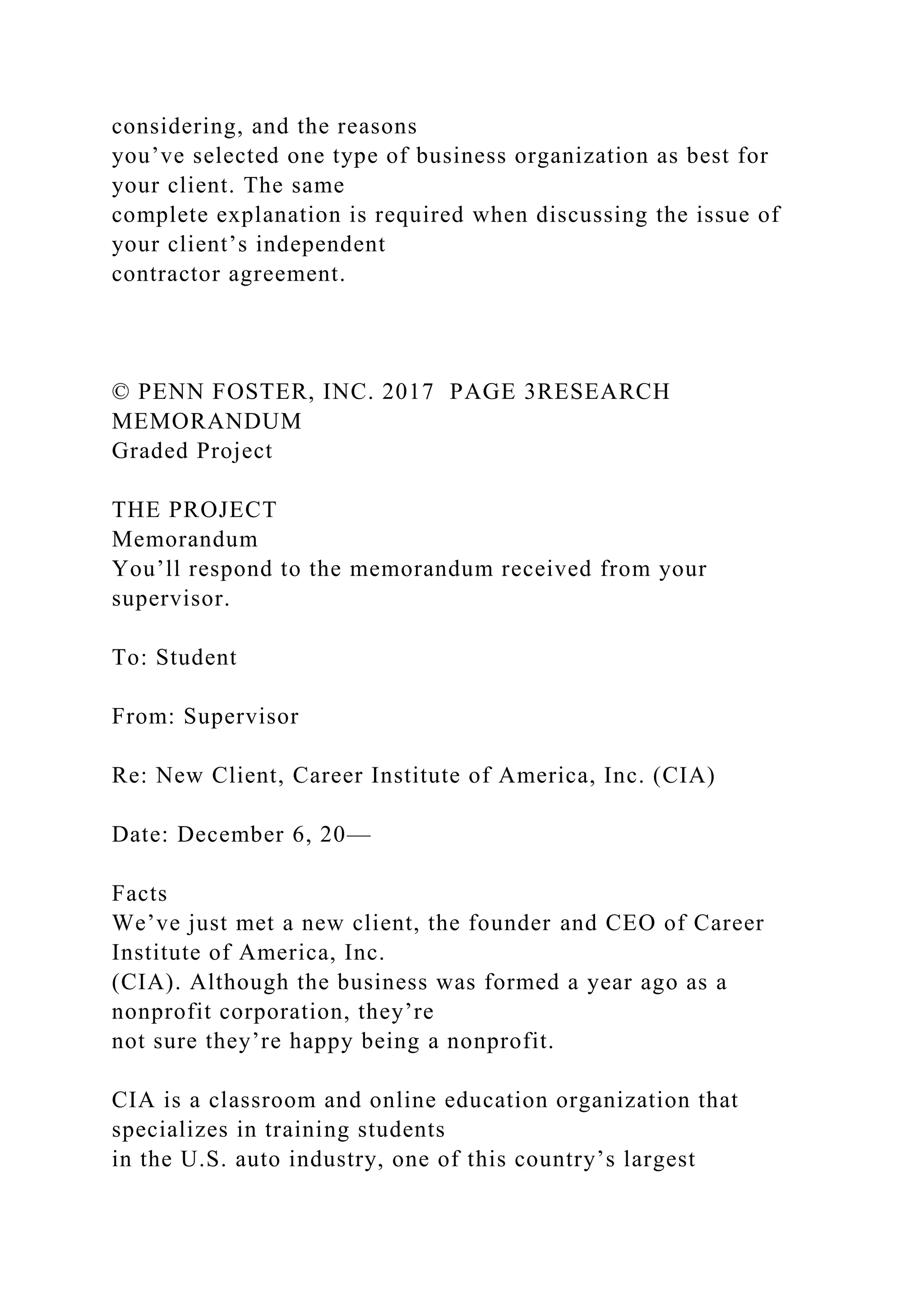 Graded ProjectResearch Memorandum© PENN FOSTER, IN.docx