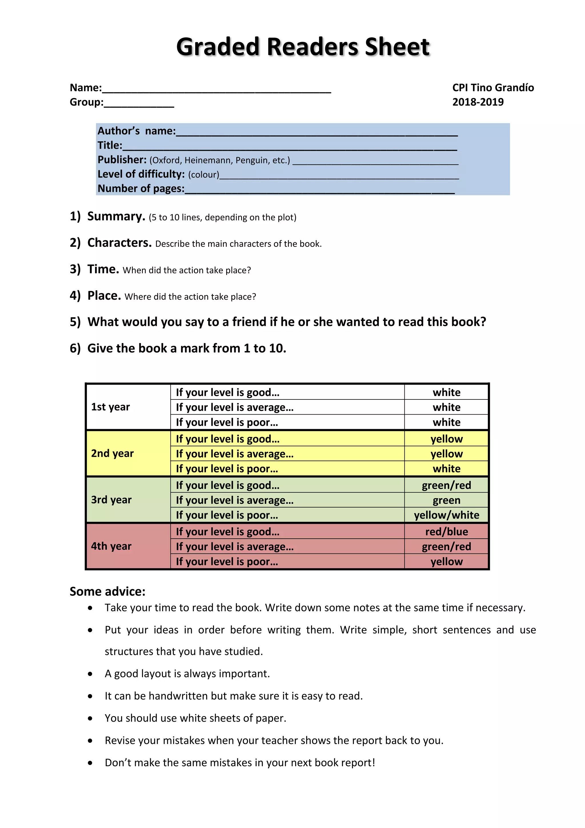 Graded readers sheet 2018-2019 | PDF