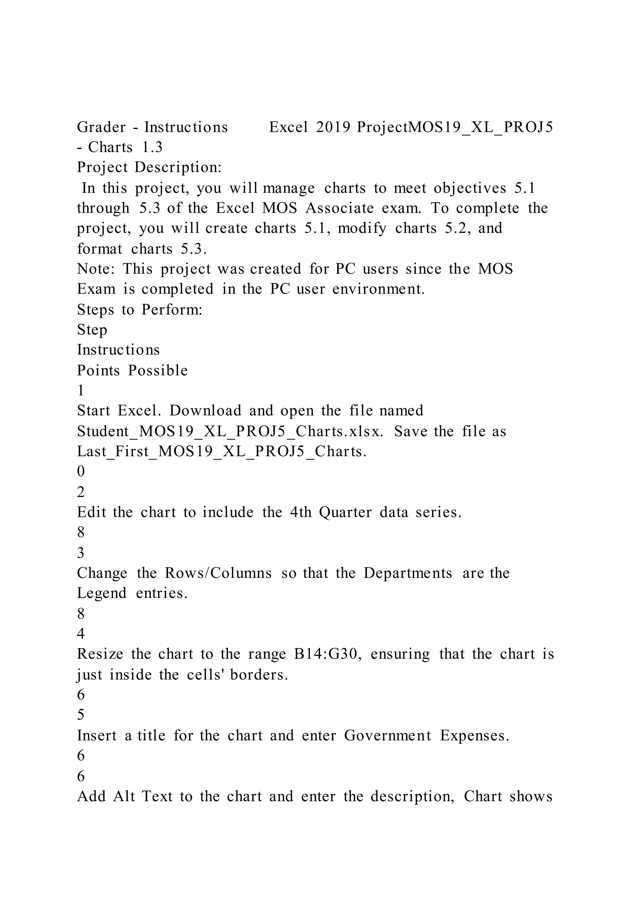 Grader instructions excel 2019 projectmos19-xl_proj5 - charts 1. | DOCX