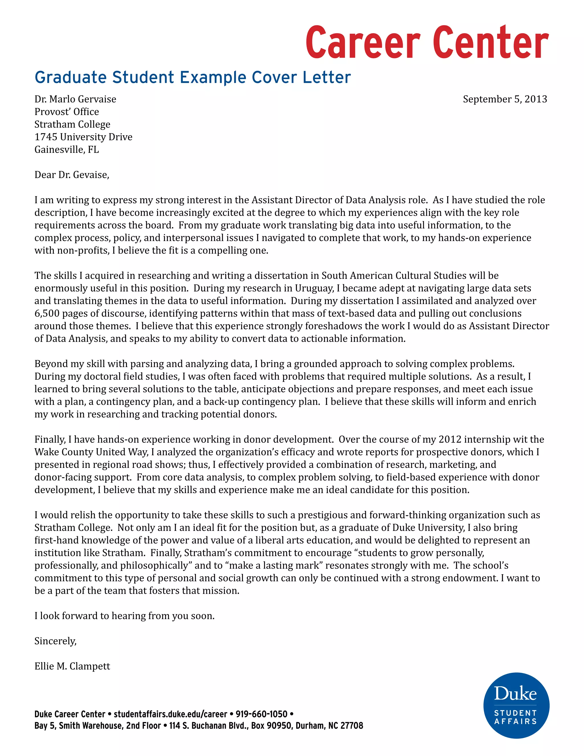 Graduate Student Example Cover Letters | PDF