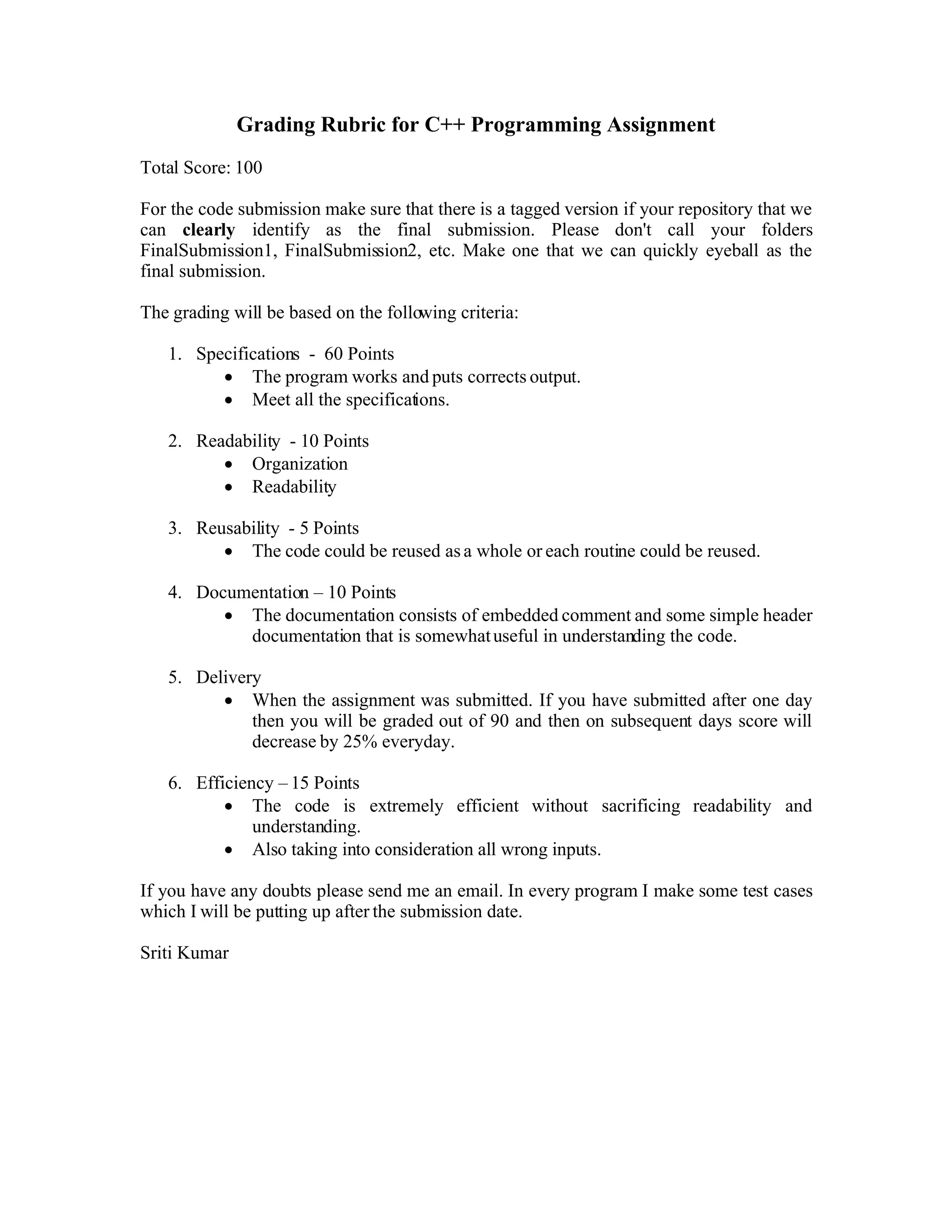 Grading Rubric For C++ | PDF