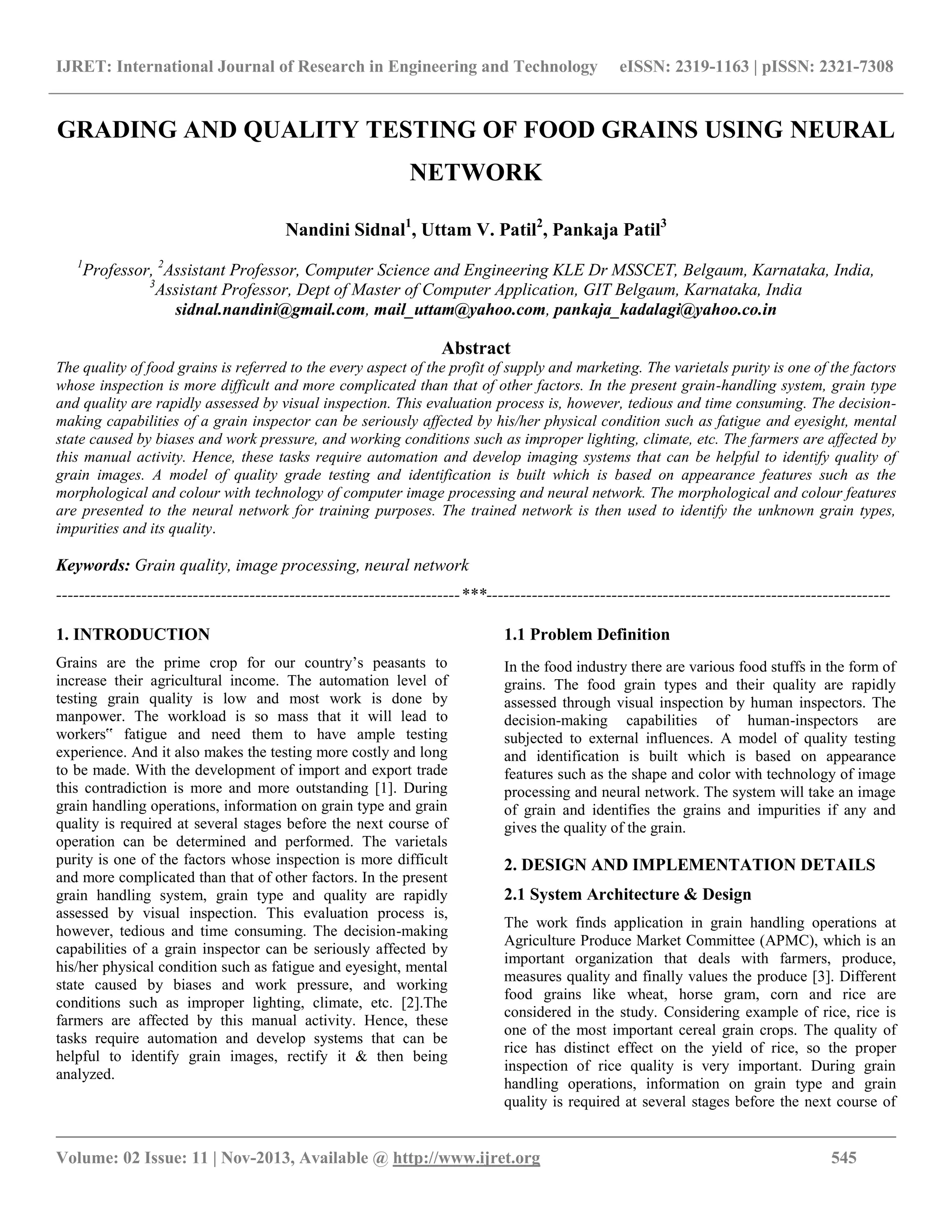 Grading and quality testing of food grains using neural network | PDF