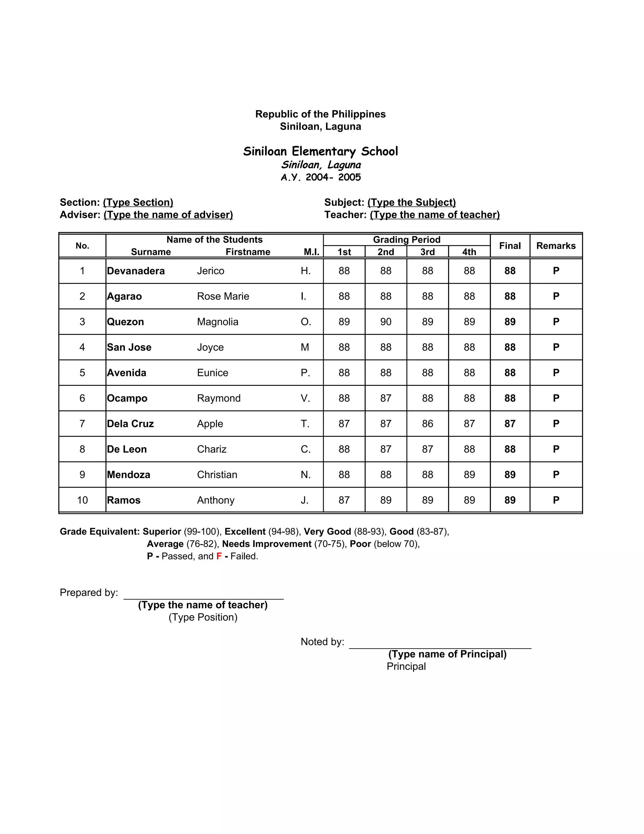 Grading Sheet | XLS