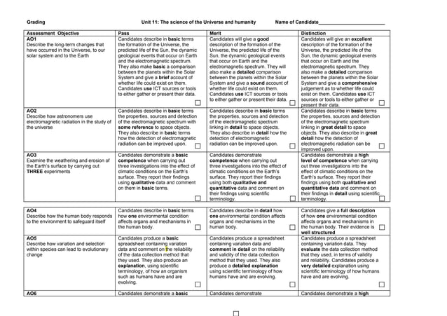 Unit 11 OCR grading sheet | DOC | Space and Astronomy | Science