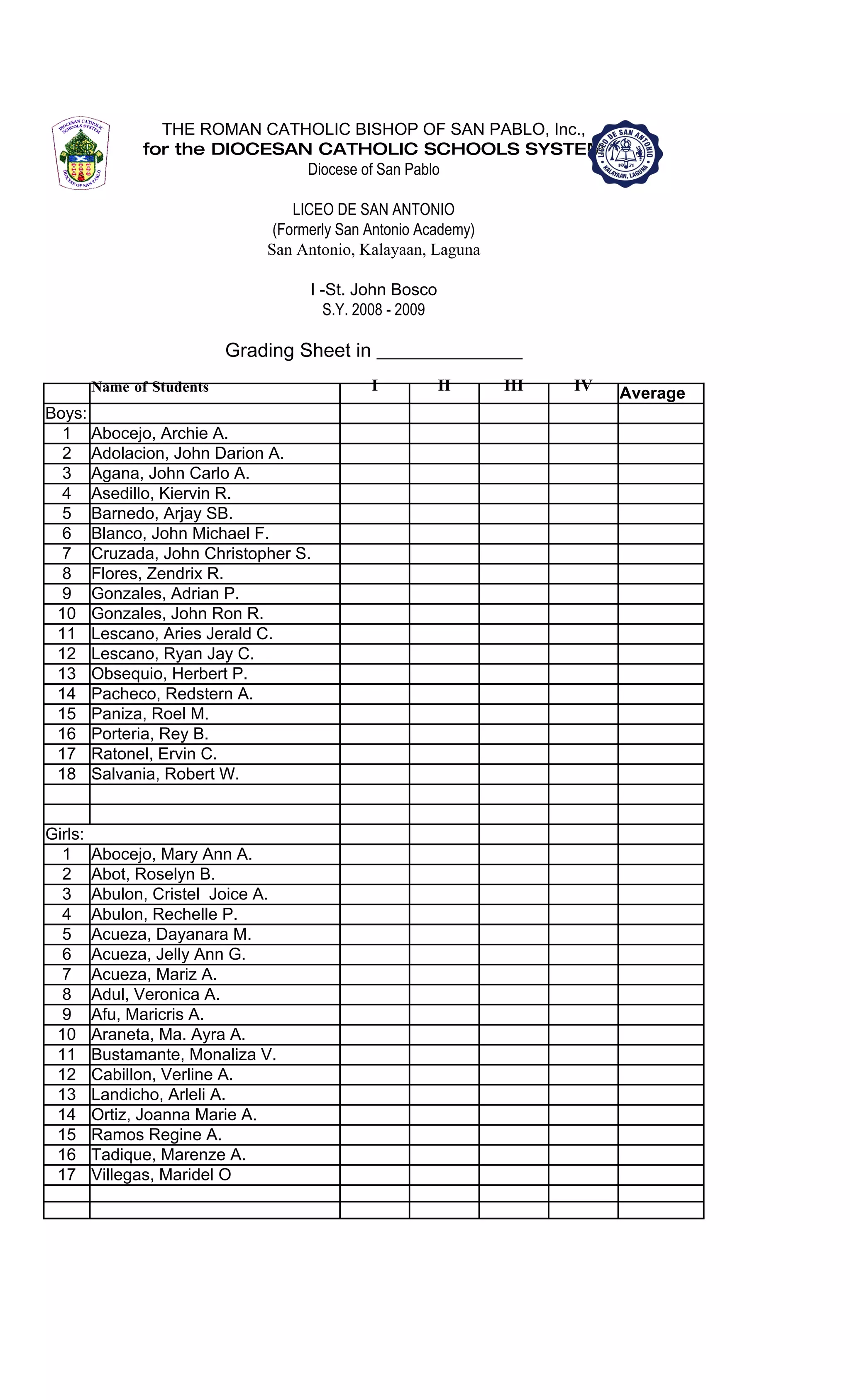 Grading Sheet 1 | XLS