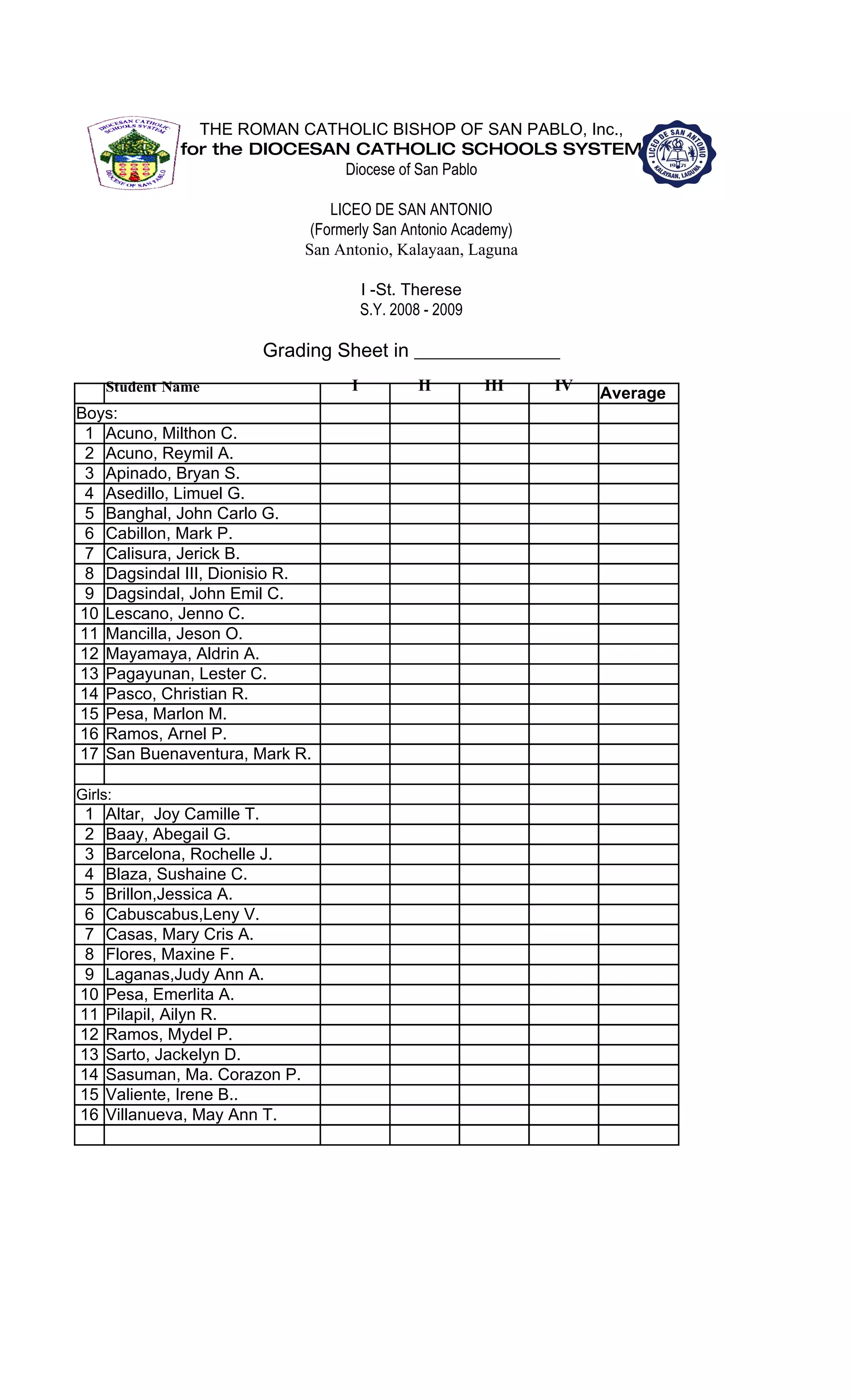 Grading Sheet 1 | XLS