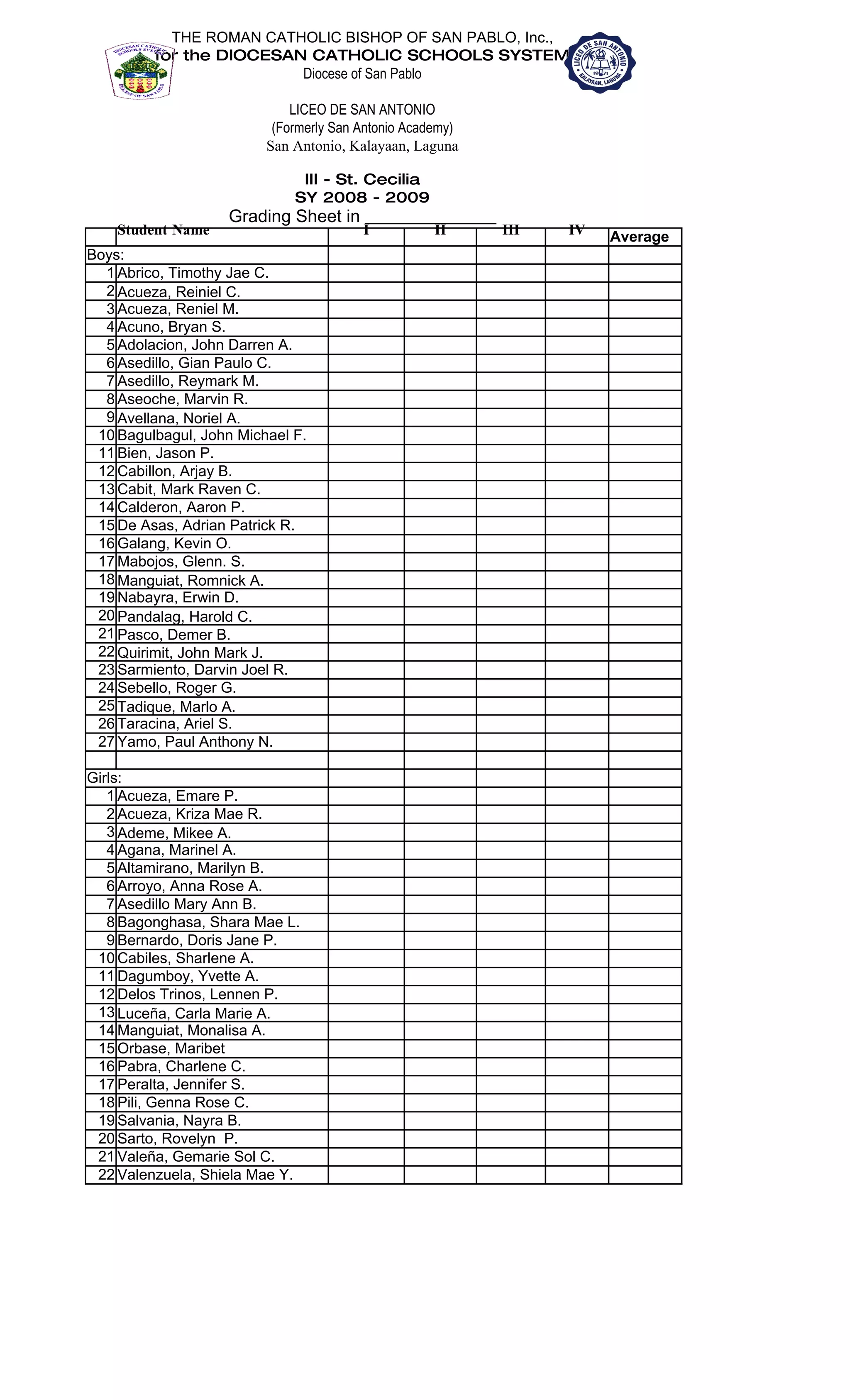 Grading Sheet 1 | XLS