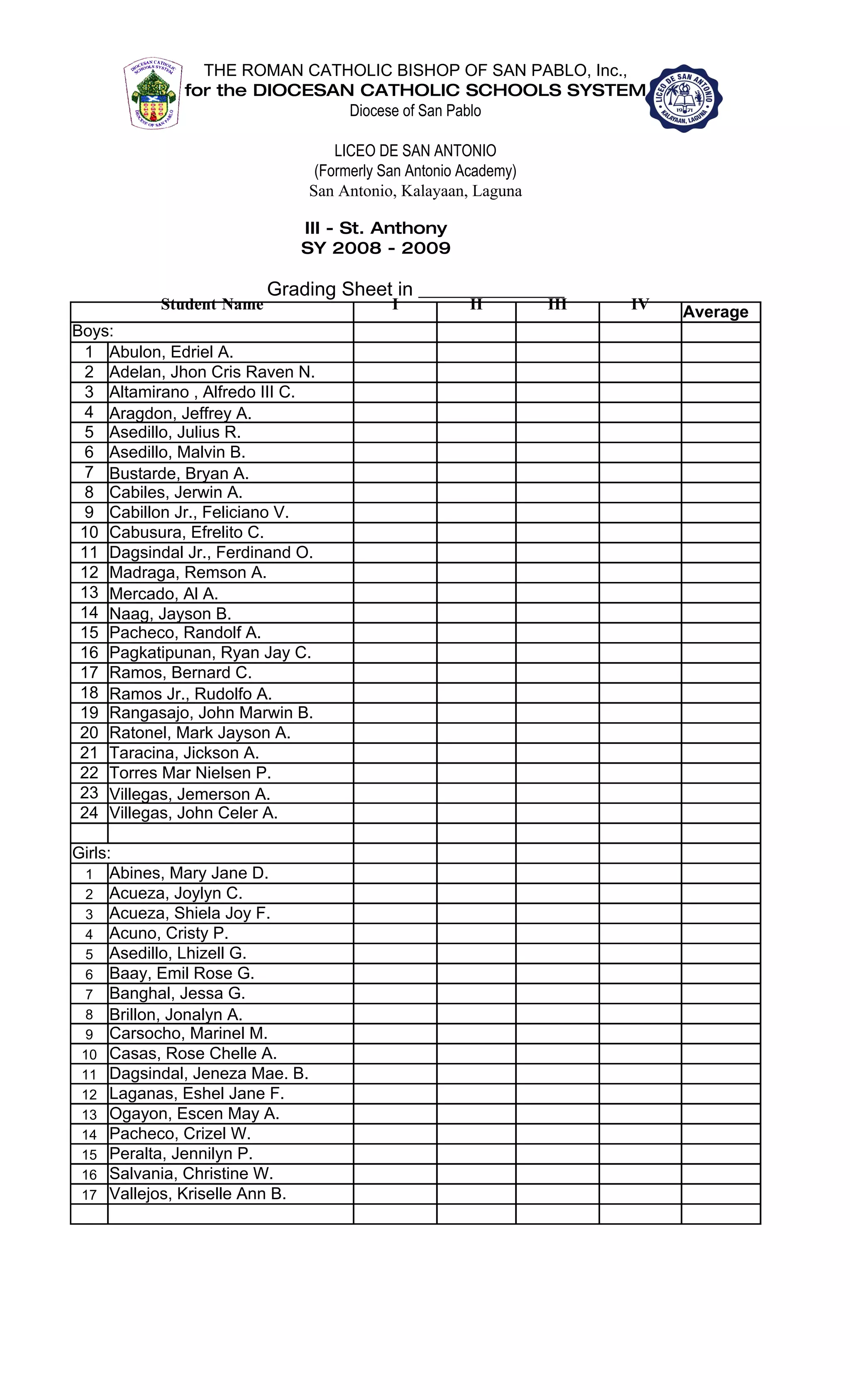 Grading Sheet 1 | XLS