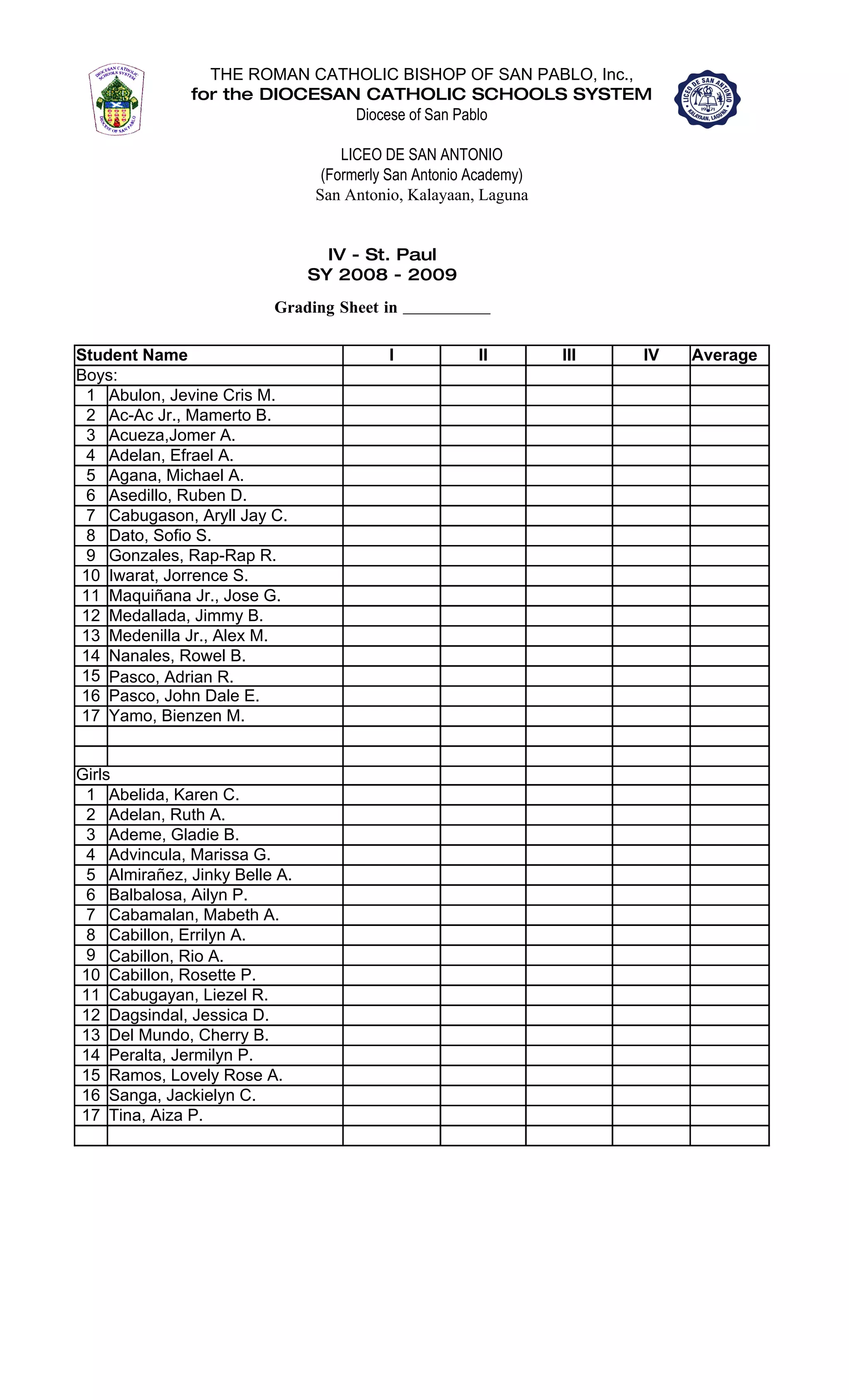 Grading Sheet 1 | XLS