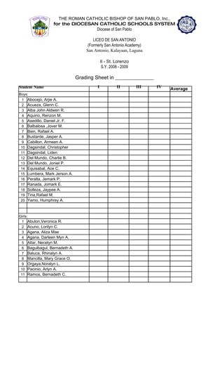 Grading Sheet 1 | XLS