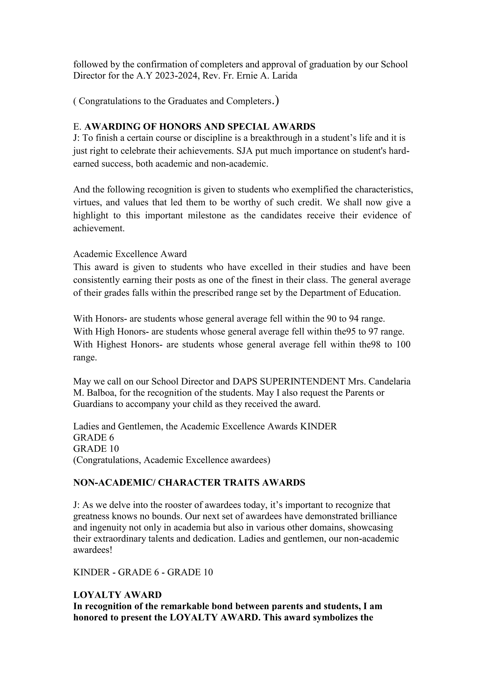 GRADUATION SCRIPT for School year 2023-2024 | DOCX | Professional ...