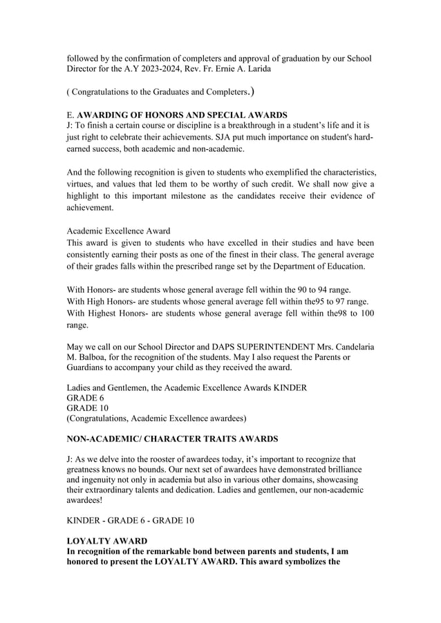 GRADUATION SCRIPT for School year 2023-2024 | DOCX | Professional ...