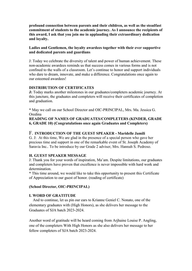 GRADUATION SCRIPT for School year 2023-2024 | DOCX | Professional ...