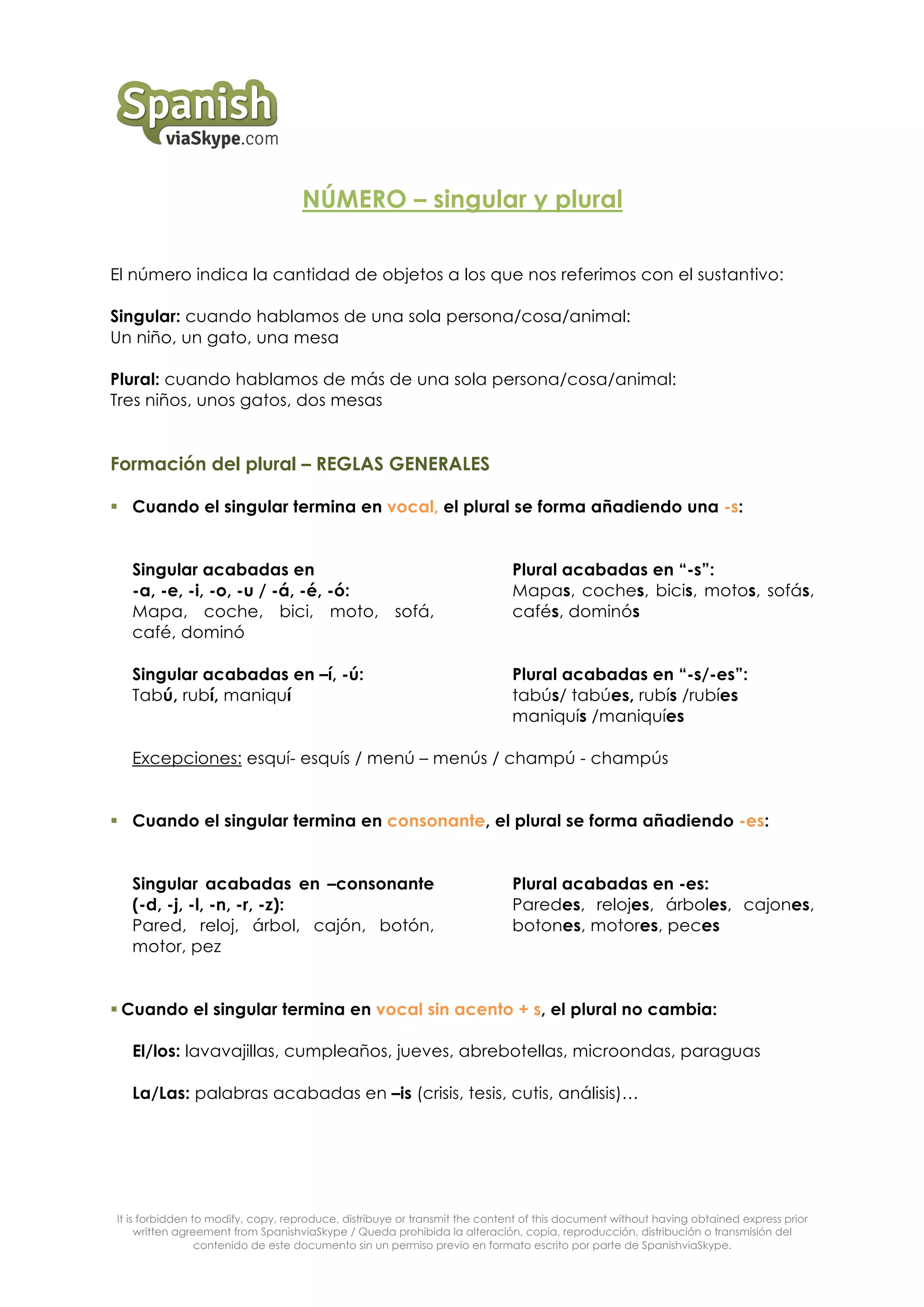 Singular and plural forms of nouns in Spanish | PDF