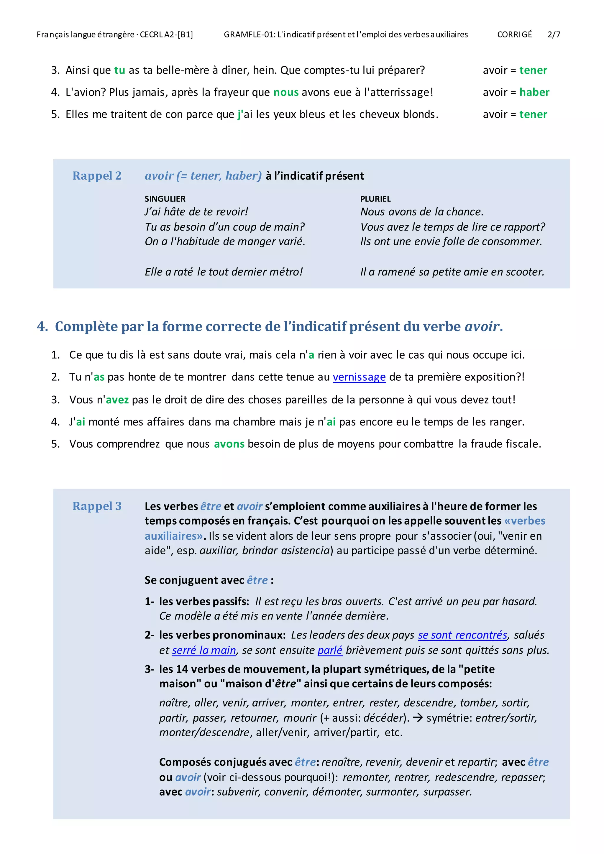 L'indicatif présent et l'emploi des verbes auxiliaires – 1 [CORRIGÉ] | DOCX