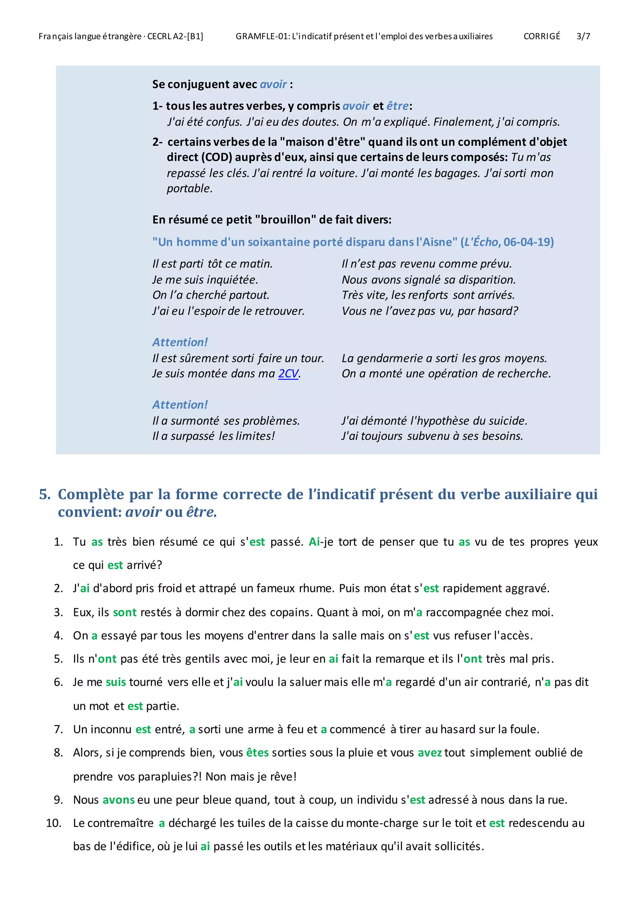 L'indicatif présent et l'emploi des verbes auxiliaires – 1 [CORRIGÉ] | DOCX