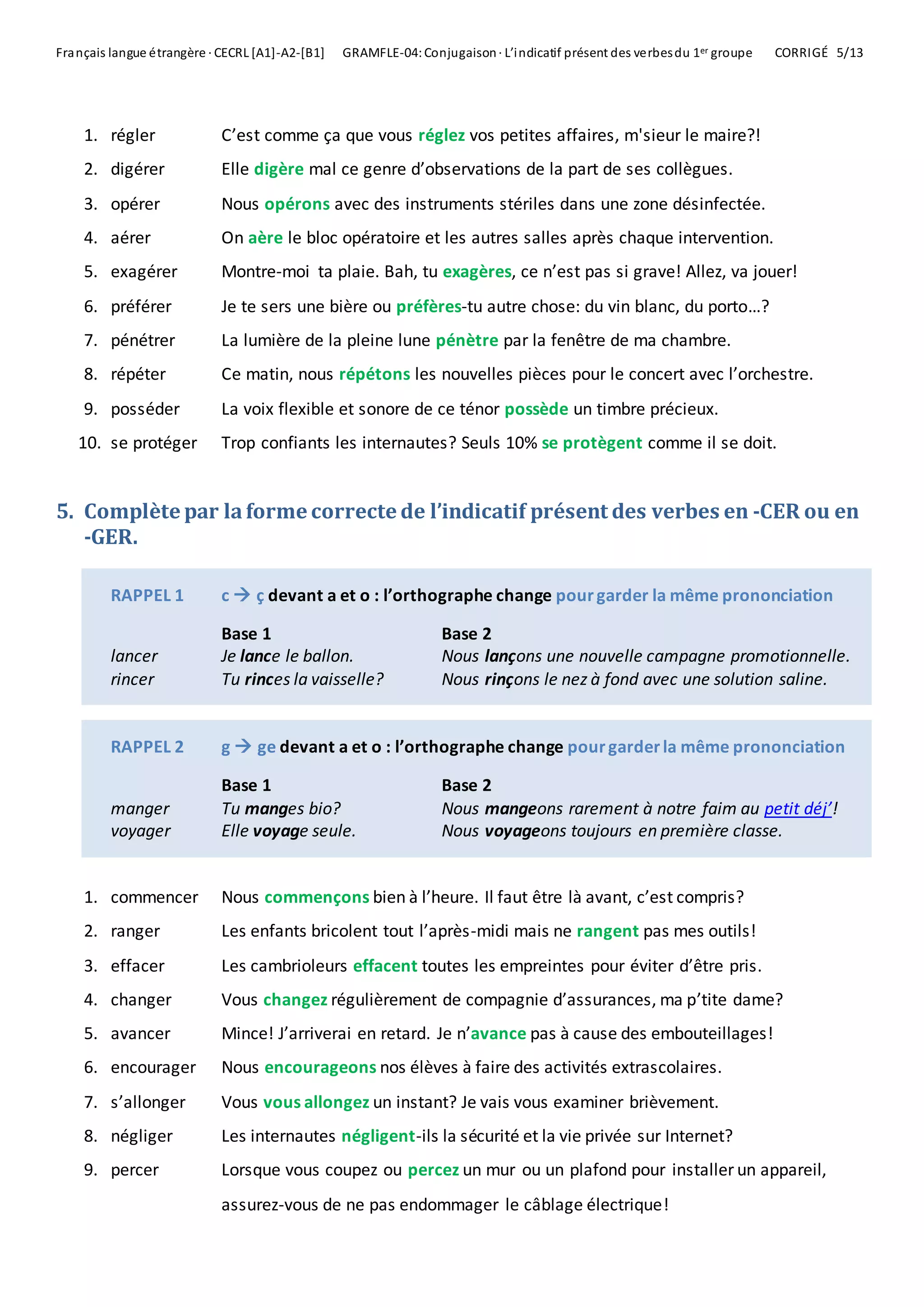 L'indicatif présent des verbes du 1er groupe · Exercices [CORRIGÉ] | PDF