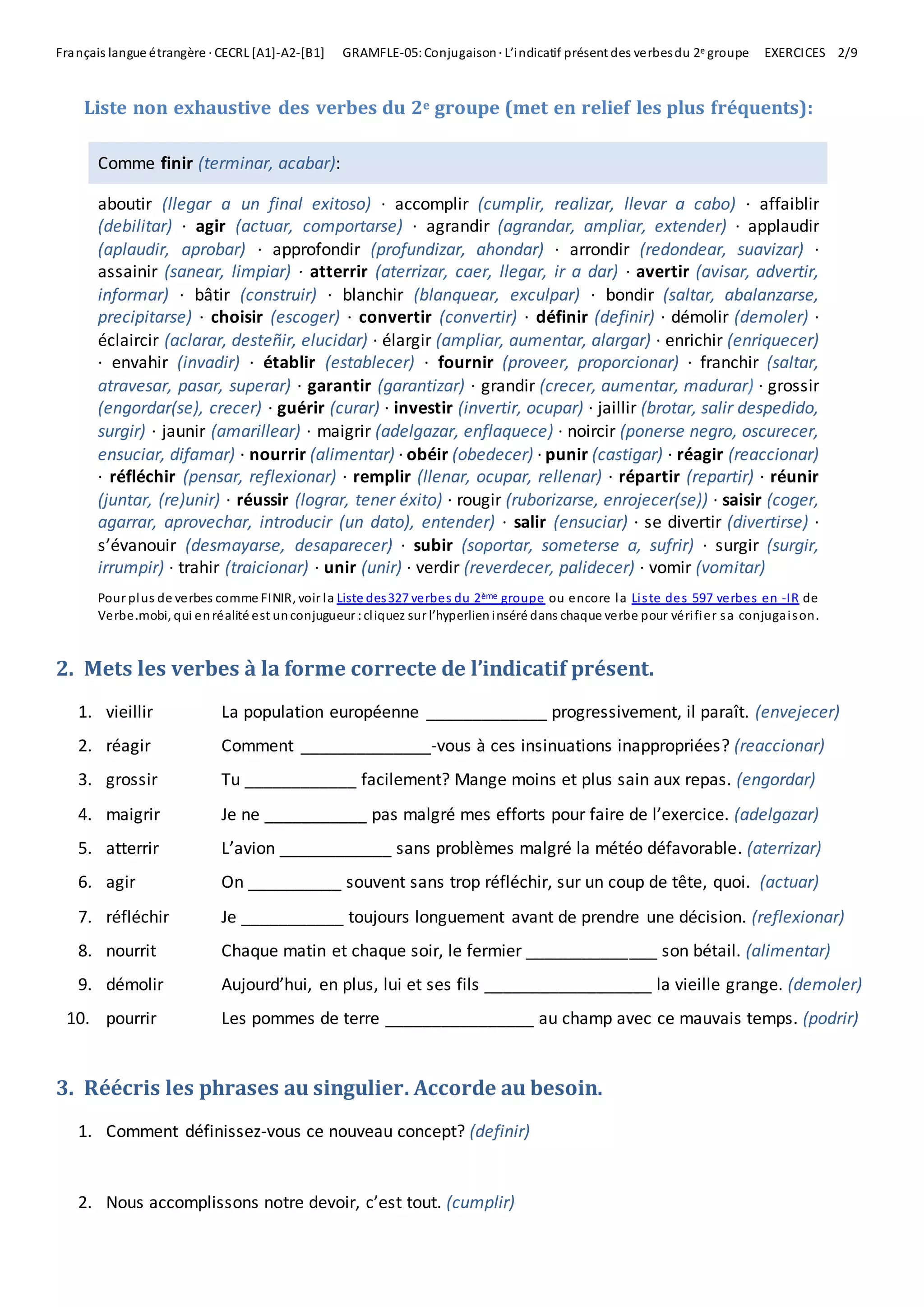 L'indicatif présent des verbes du 2e groupe · Exercices | DOCX