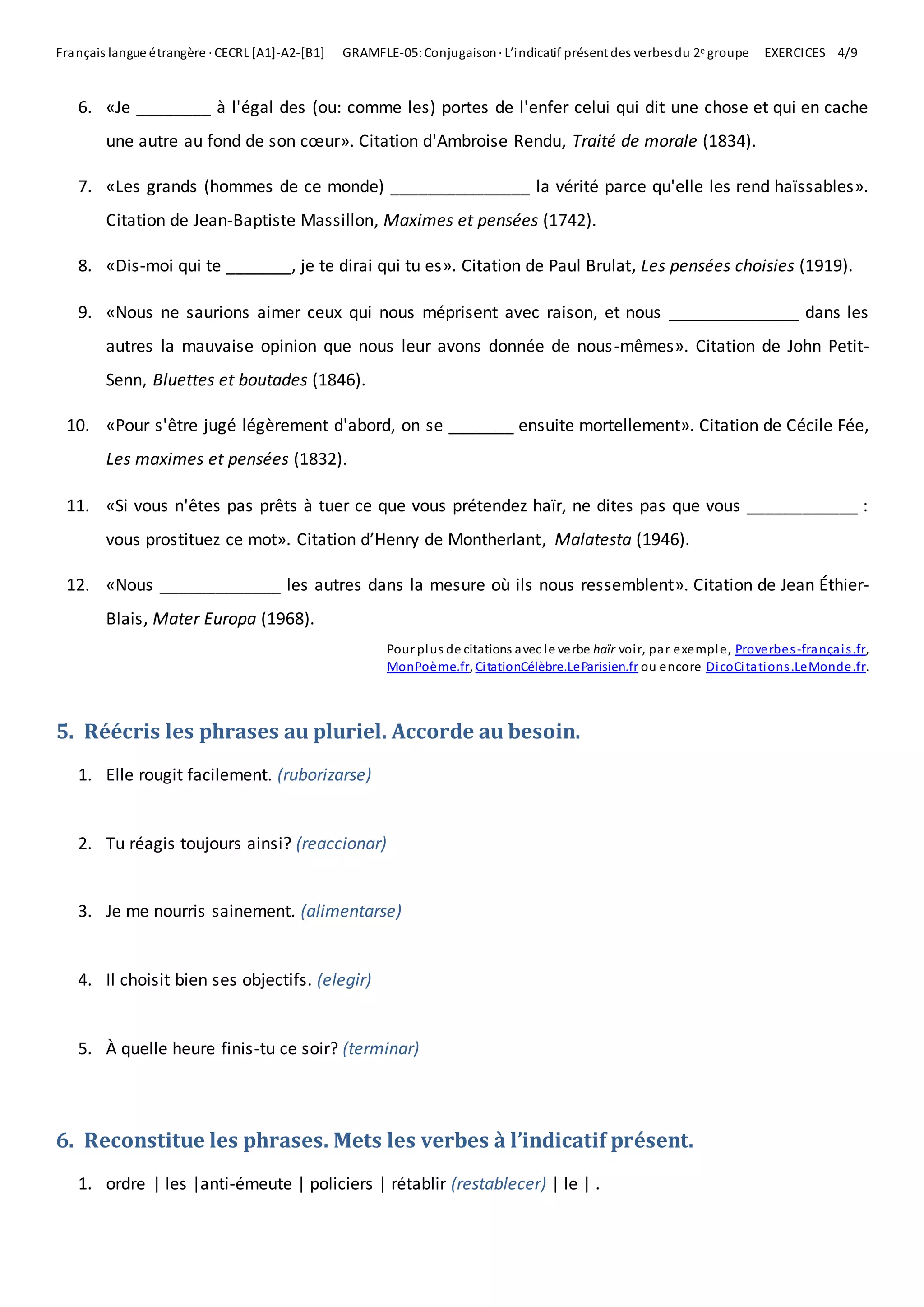 L'indicatif présent des verbes du 2e groupe · Exercices | DOCX