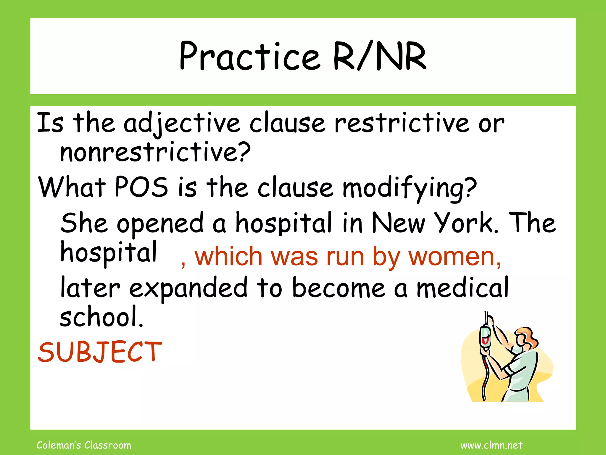 Review Restrictive/Nonrestrictive Adjective Clauses | PPTX