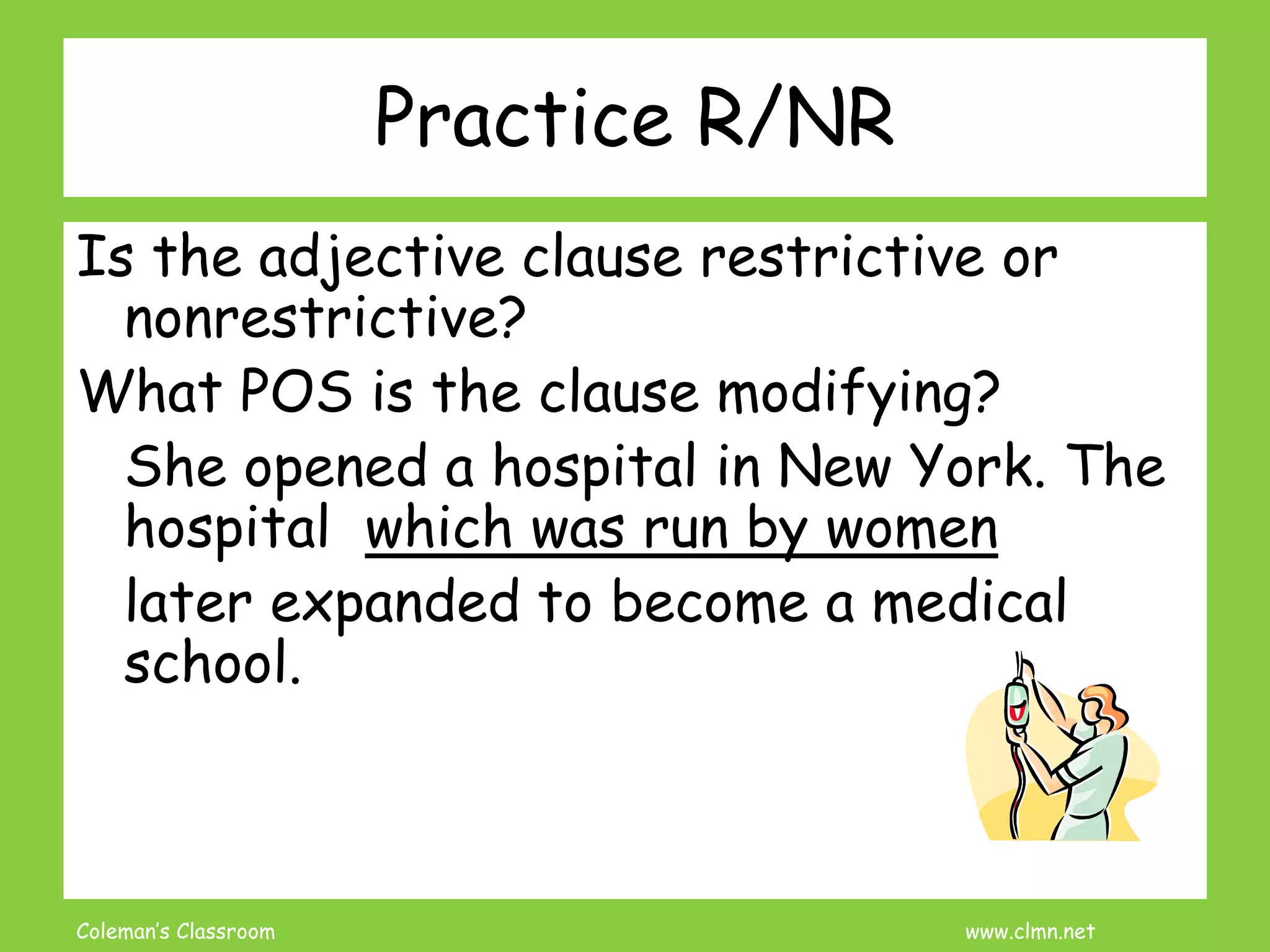 Review Restrictive/Nonrestrictive Adjective Clauses | PPTX