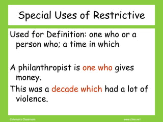 Review Restrictive/Nonrestrictive Adjective Clauses | PPTX