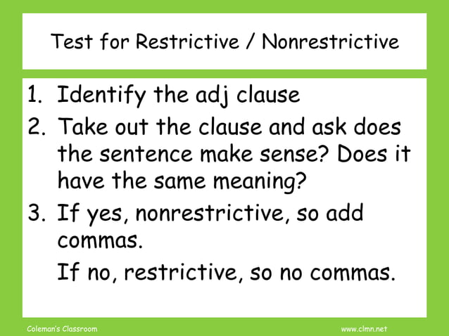 Review Restrictive/Nonrestrictive Adjective Clauses | PPTX