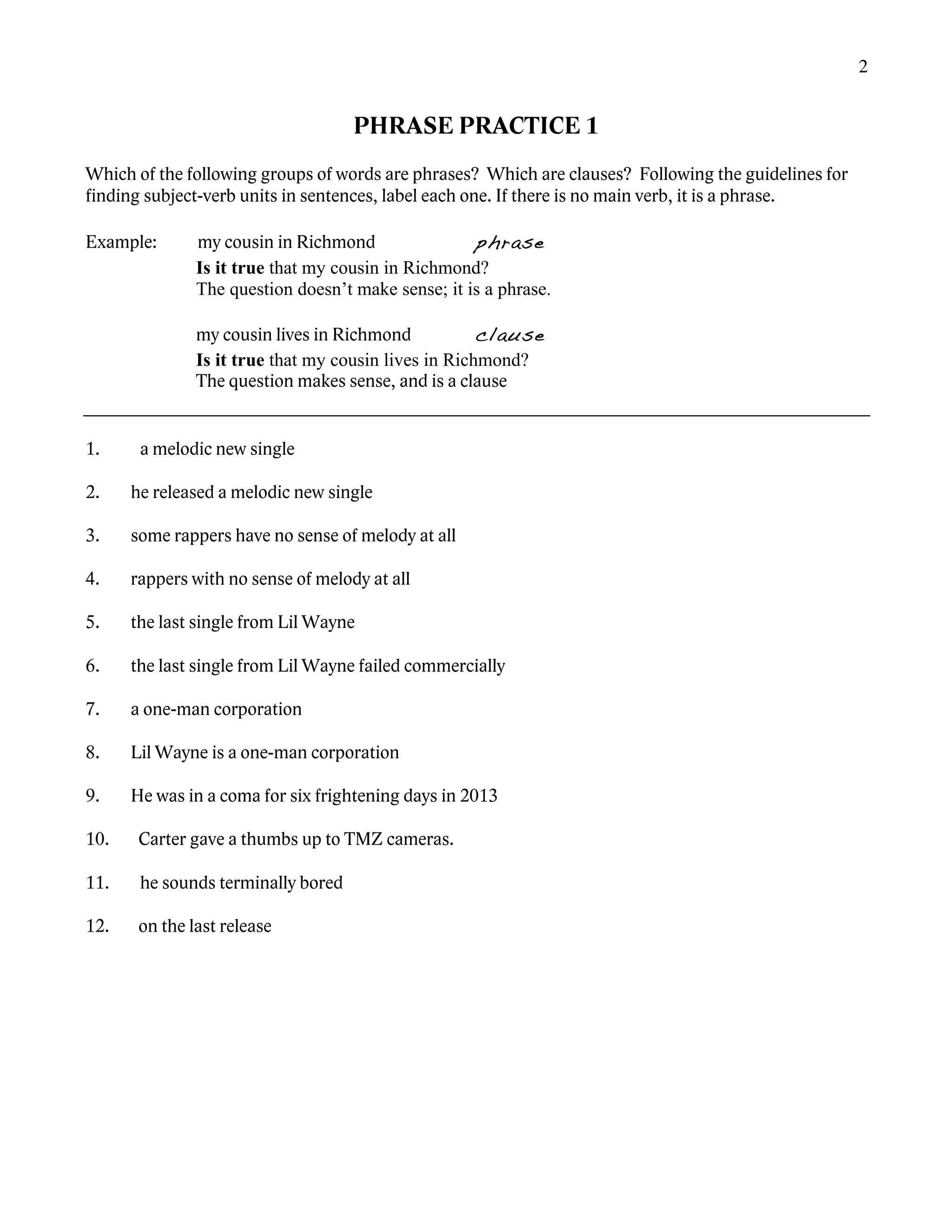 Grammar handout-phrase-vs-clause | PDF