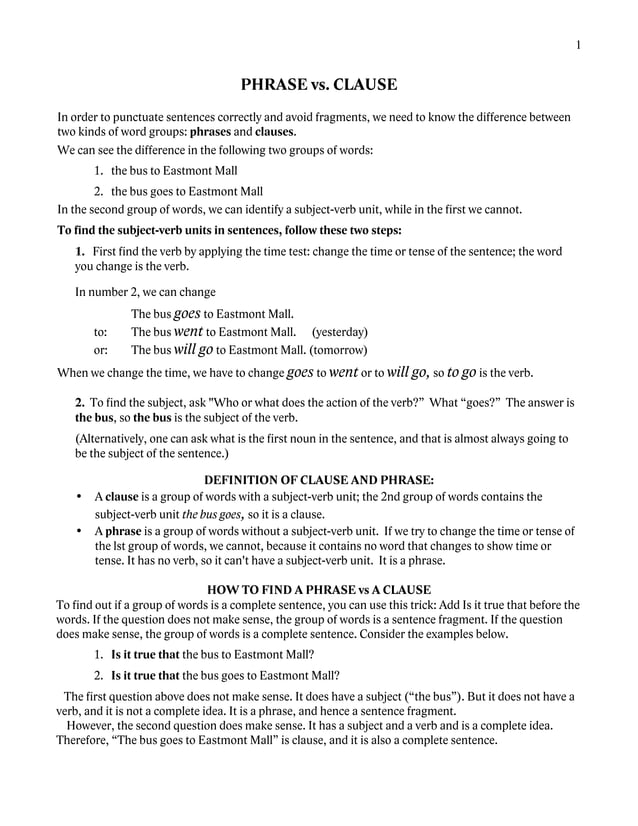 Grammar handout-phrase-vs-clause | PDF