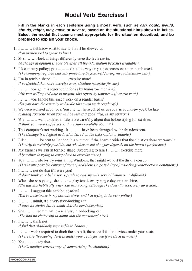 Grammar modal verbs i | PDF | Fitness and Exercise | Healthy Living