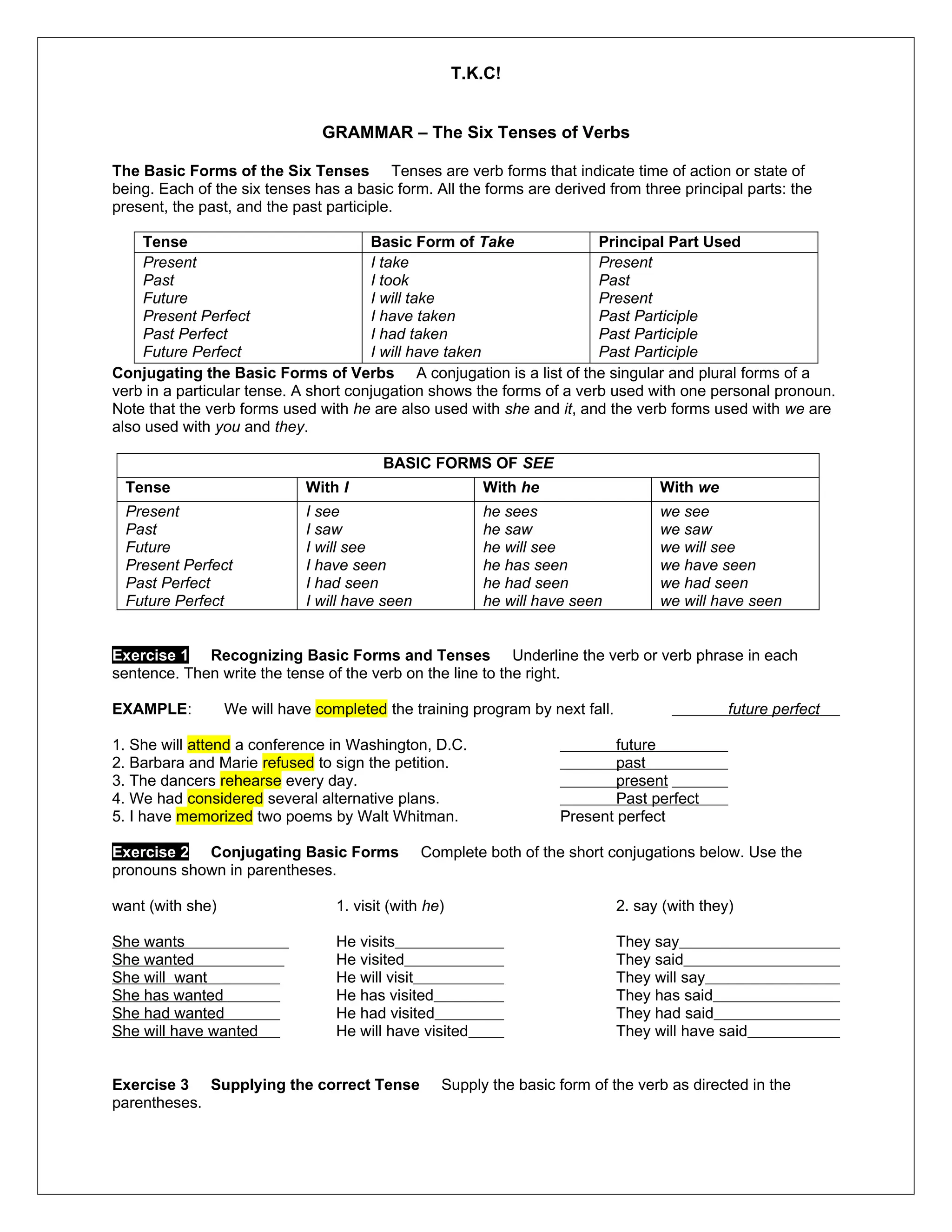 GRAMMAR - The Six Tenses of Verbs - Free english lesson- | DOC