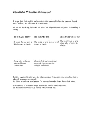 Grammar 1st It is said that, He is said to, (be) supposed | PDF