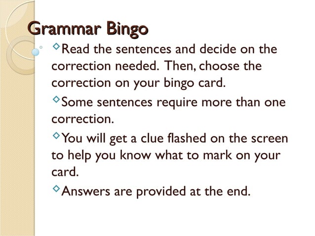 Grammar Bingo with Clues for Struggling Students | PPT