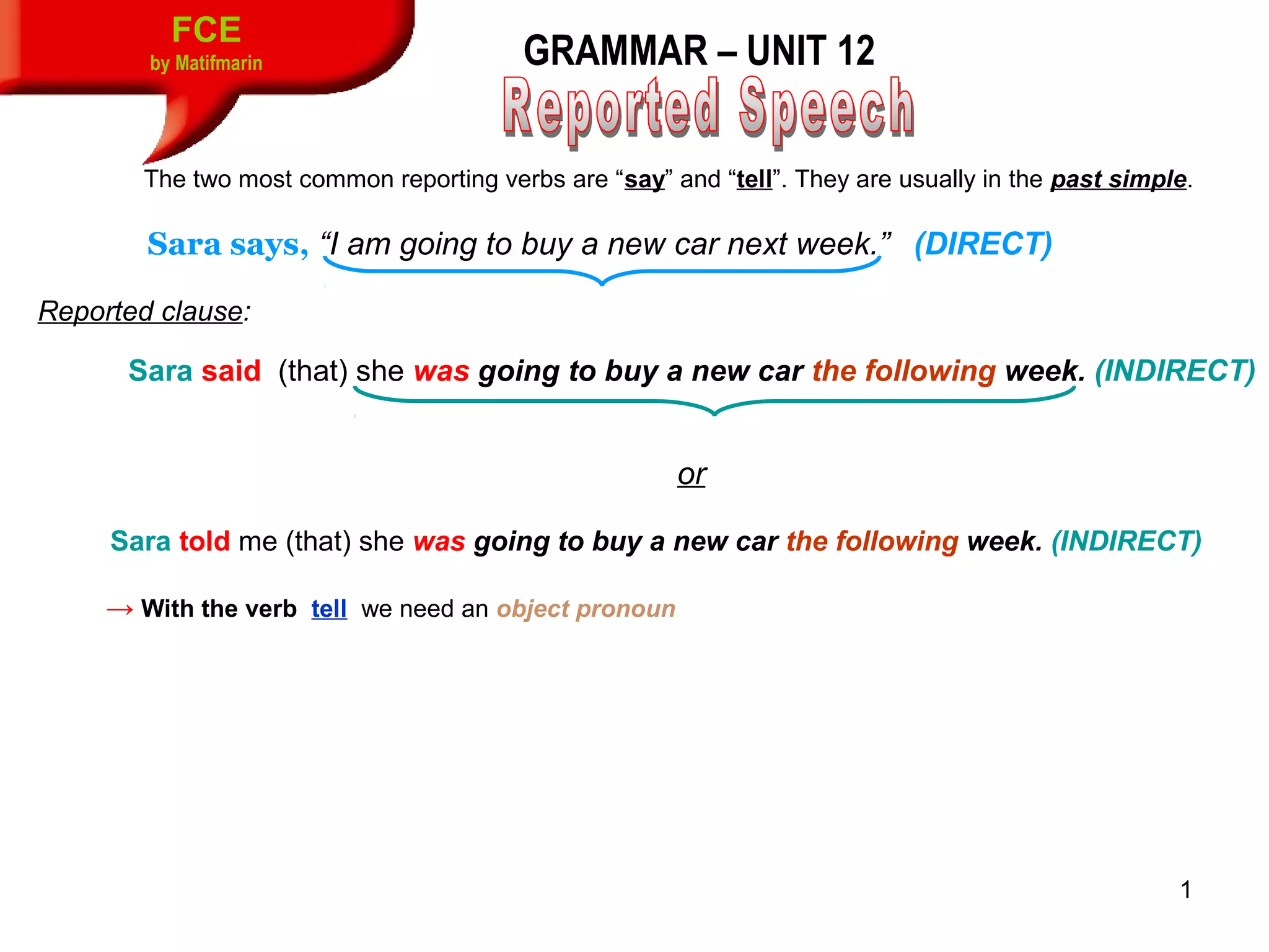 Grammar Contents Unit 12: Reported Speech & Contable-uncountable nouns | PPT