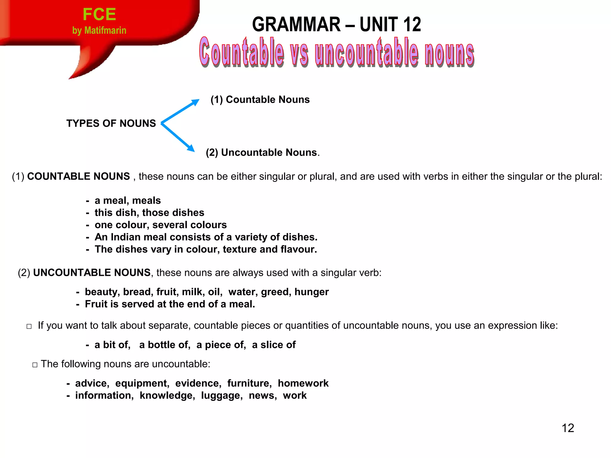 Grammar Contents Unit 12: Reported Speech & Contable-uncountable nouns | PPT