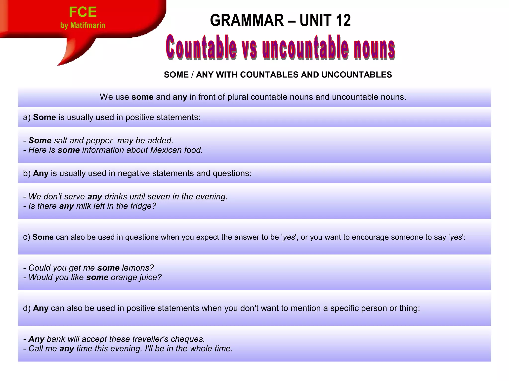 Grammar Contents Unit 12: Reported Speech & Contable-uncountable nouns ...