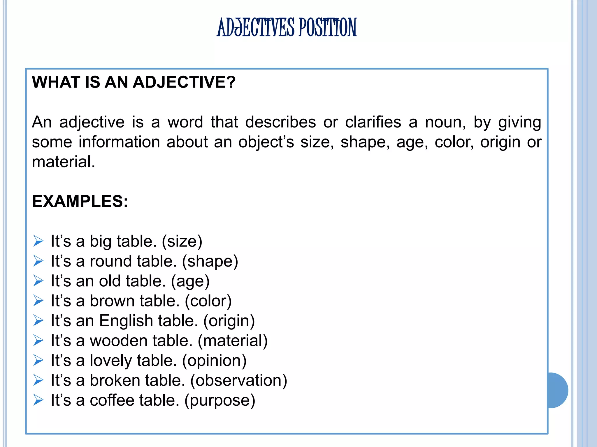 Grammar five order of adjectives | PPTX