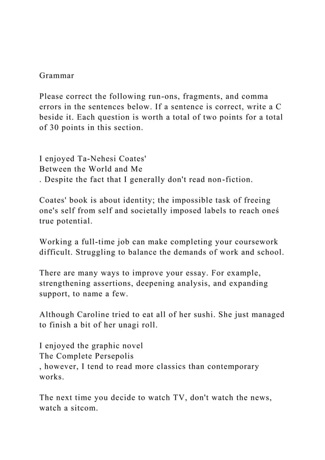 GrammarPlease correct the following run-ons, fragments, and | PDF