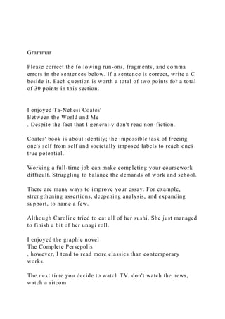 GrammarPlease correct the following run-ons, fragments, and | PDF