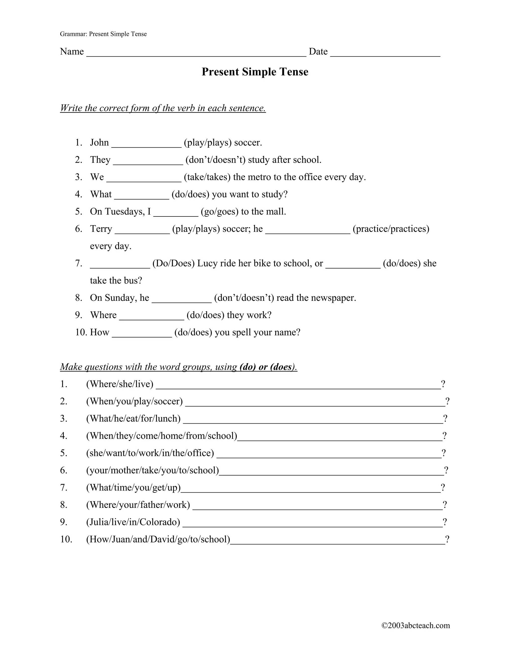 Grammar presentsimple elem_esl | PDF